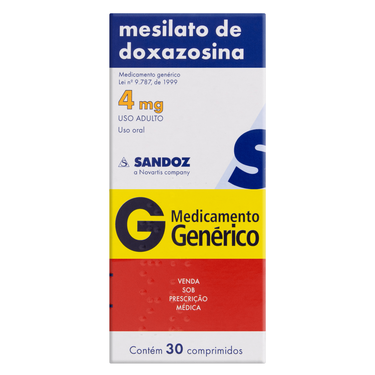 Mesilato de Doxazosina 4mg Genérico Sandoz 30 Comprimidos